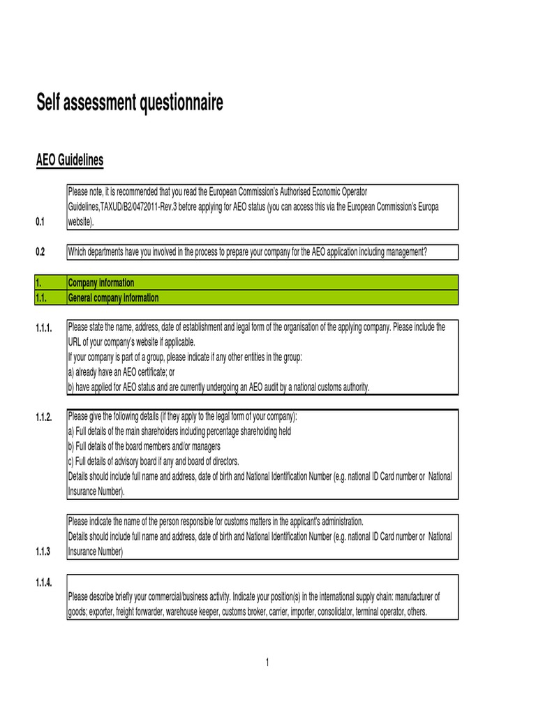 Self Assessment Questionnaire: AEO Guidelines | PDF | Customs | Cargo