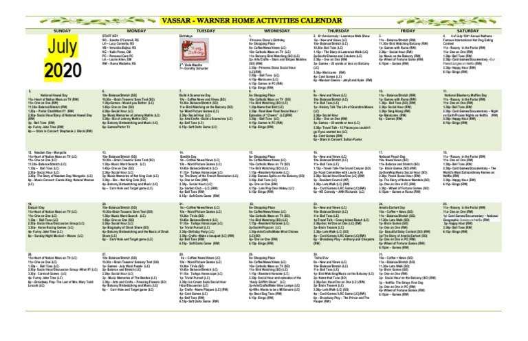 Final July Resident Activities Calendar 2020 | PDF | Leisure