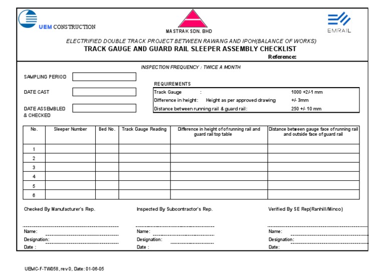 Track Gauge and Guard Rail Sleeper Assembly Checklist | PDF