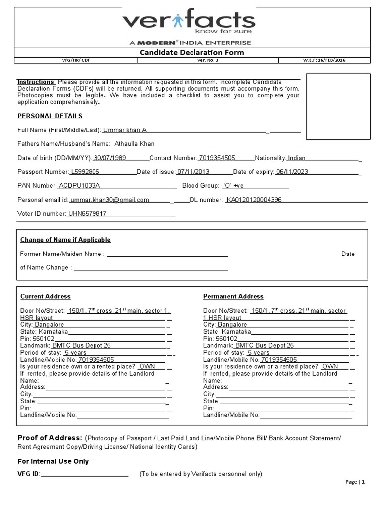 Verifacts - BGV Form | PDF | Identity Document | Government