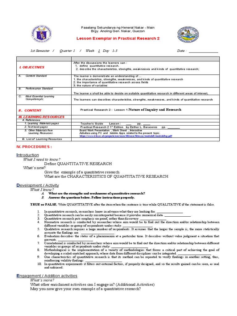 LESSON EXEMPLAR in PR 2 - Week 1 Final | PDF | Quantitative Research | Statistics
