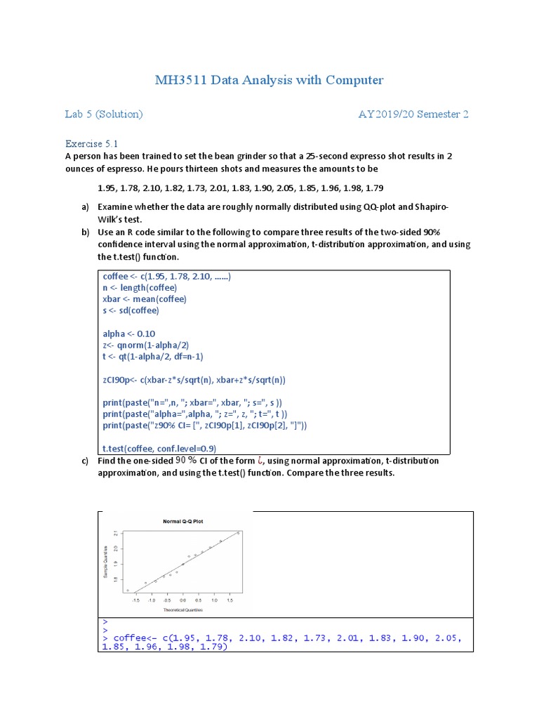 MH3511 Data Analysis With Computer: Lab 5 (Solution) AY2019/20 Semester 2 | PDF | Statistical ...