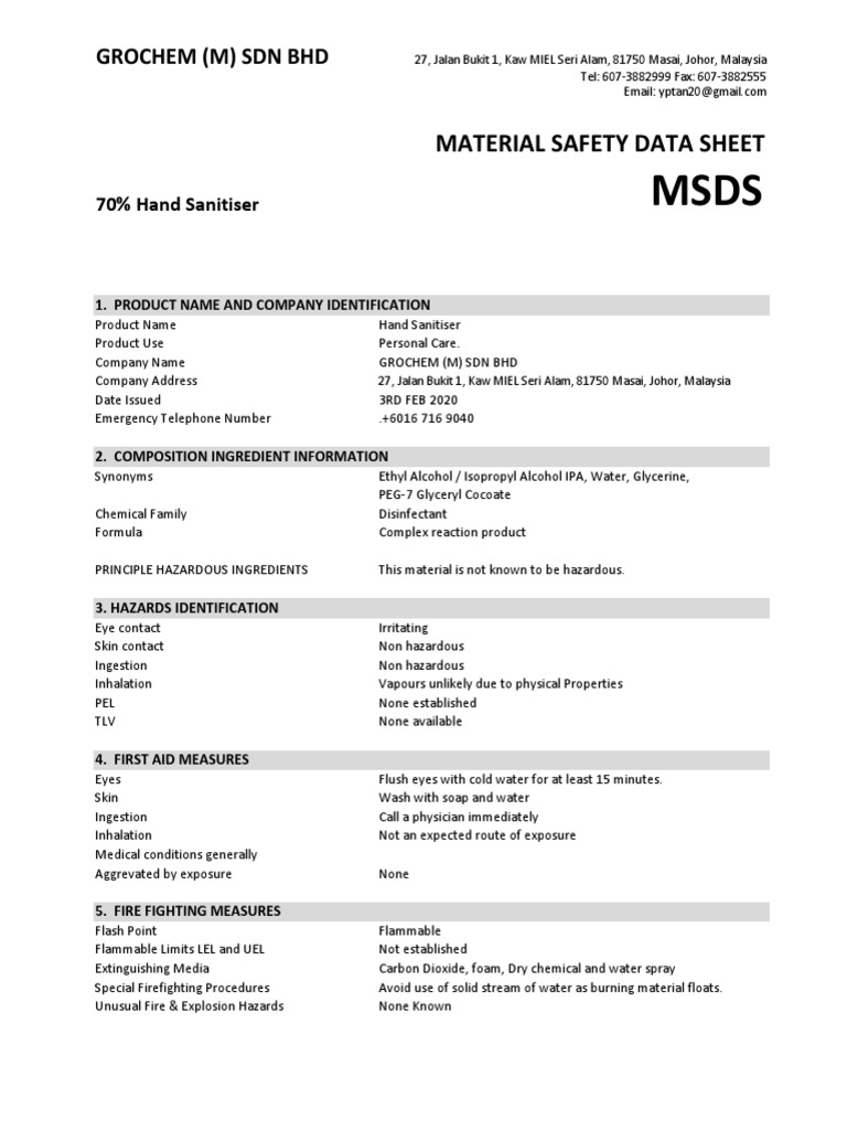 MSDS - SANI CARE 70% Alcohol Sanitiser | PDF | Occupational Safety And Health | Chemistry