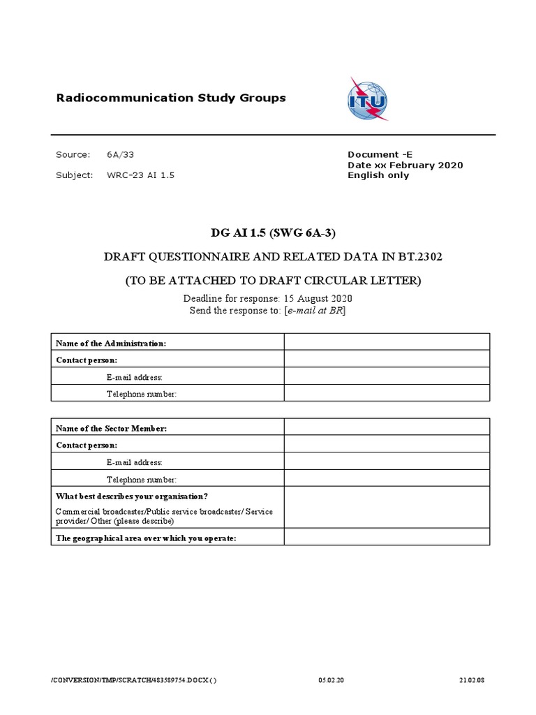 Draft Questionnaire and Related Data in Bt.2302 (To Be Attached To ...