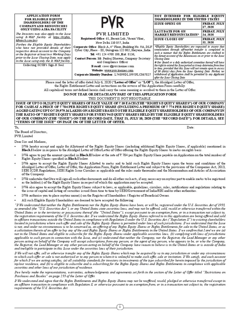 PVR LIMITED Application Form | PDF | Stocks | Securities (Finance)