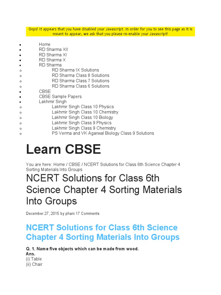 Learn CBSE: NCERT Solutions For Class 6th Science Chapter 4 Sorting Materials Into Groups | PDF ...