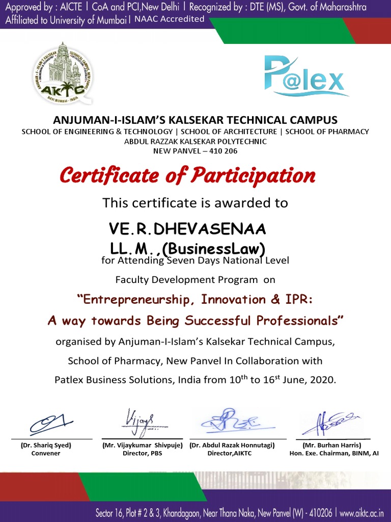 Certificate For "VE.R.DHEVASENAA LL.M., (Busi... " For "FDP Certificate ...