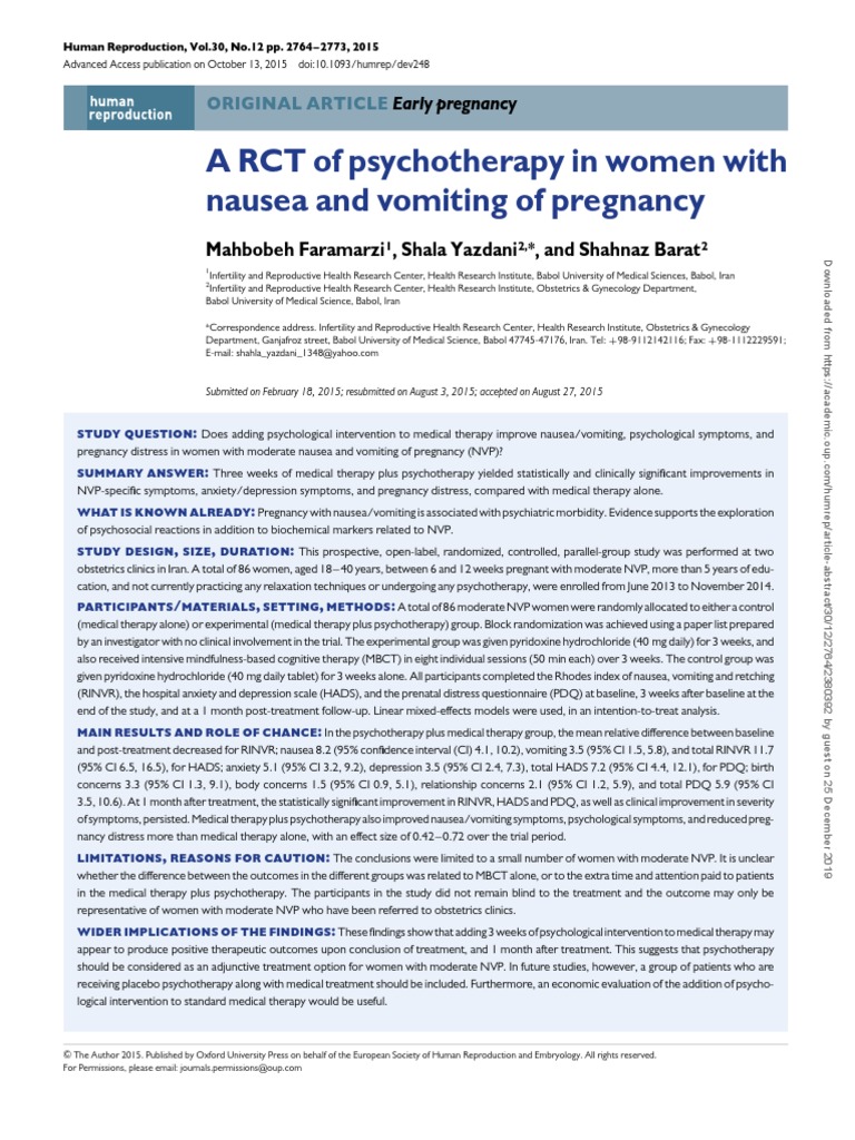 A RCT of Psychotherapy in Women With Nausea and Vomiting of Pregnancy ...