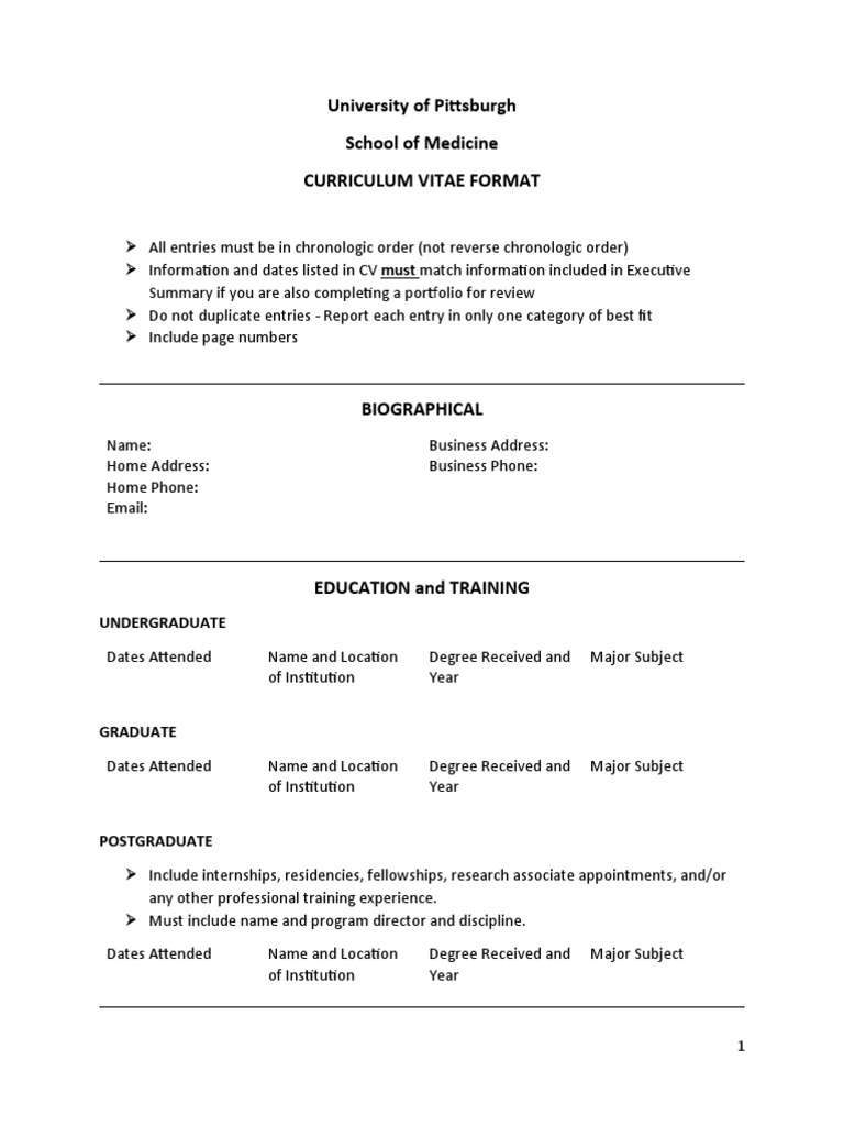 University of Pittsburgh School of Medicine Curriculum Vitae Format ...