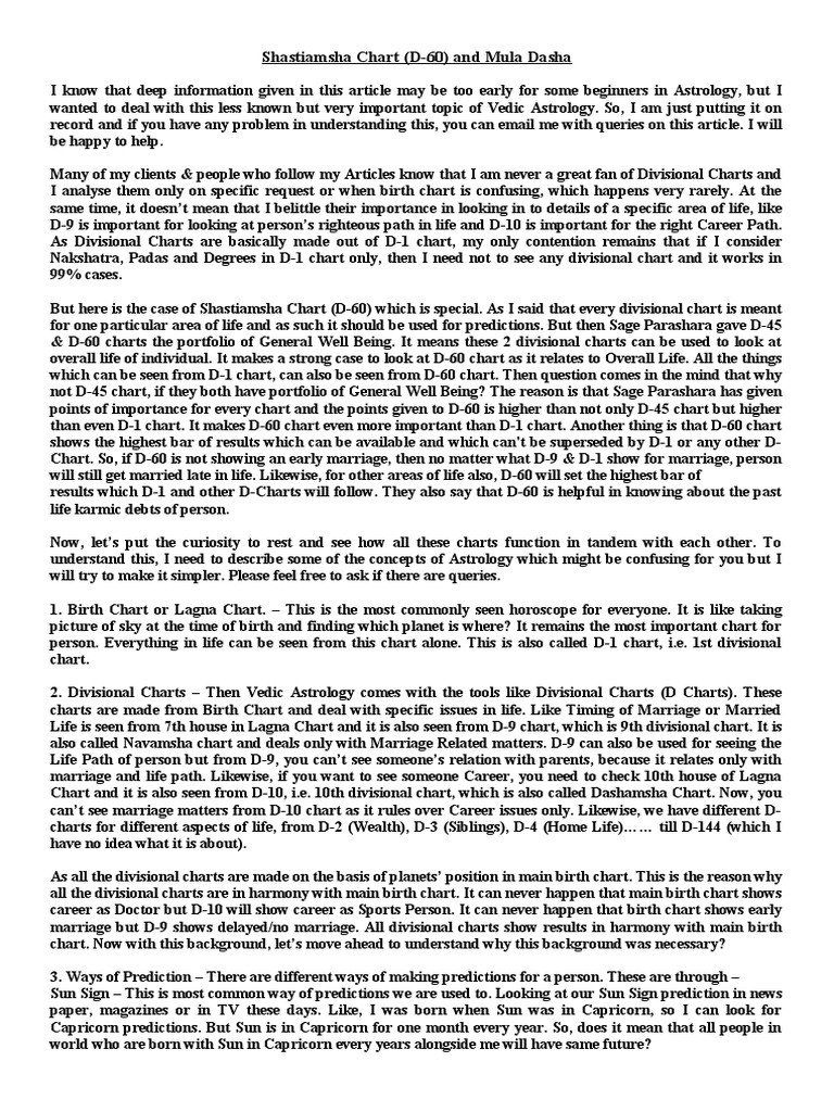 Shastiamsha Chart (D-60) and Mula Dasha | PDF | Horoscope | Planets In ...