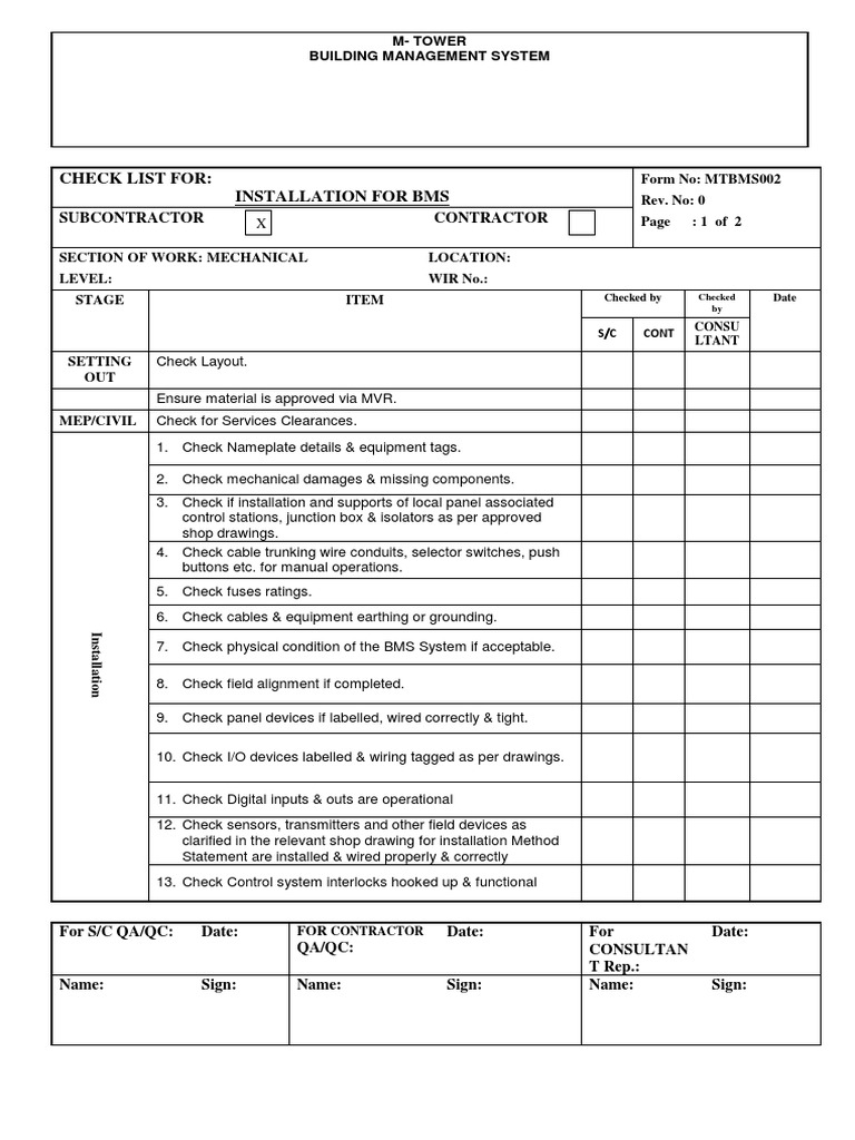 Checklist For Installation of BMS M Tower PDF | PDF | Calibration ...