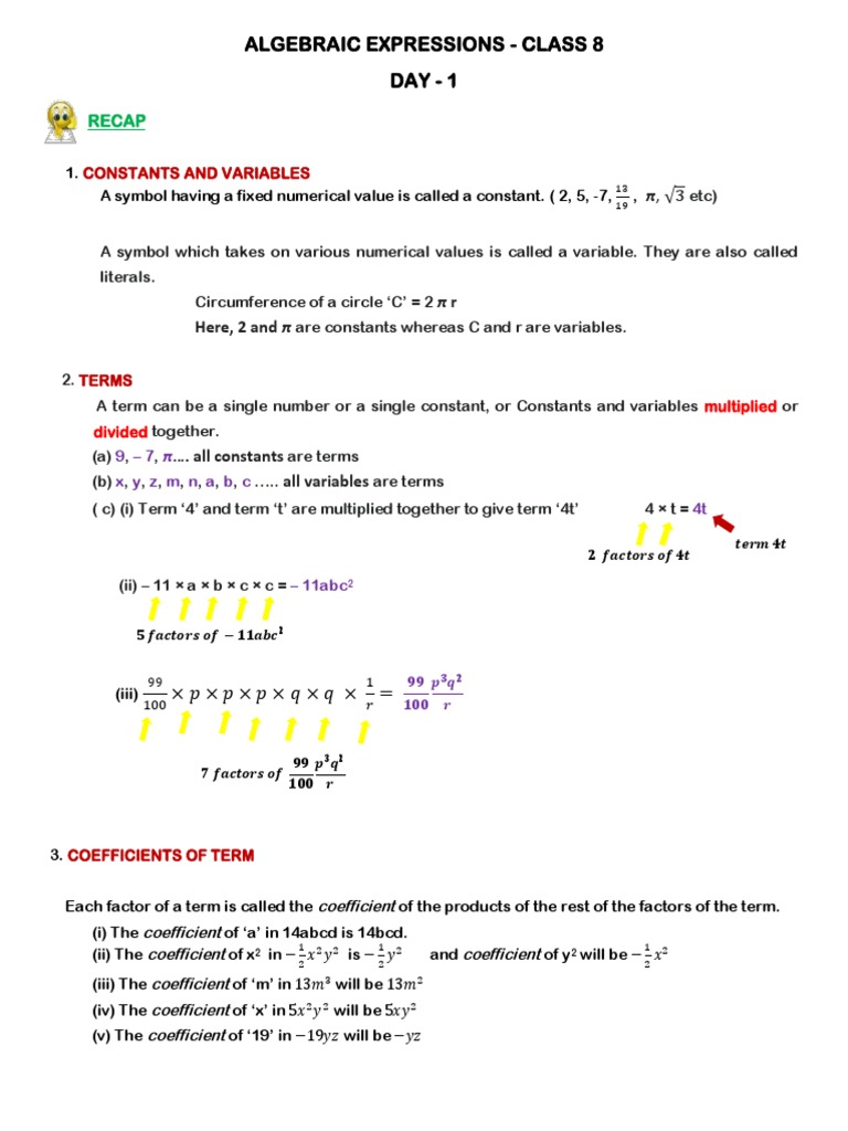 Algebraic Expressions Notes Day-1 | PDF | Factorization | Polynomial