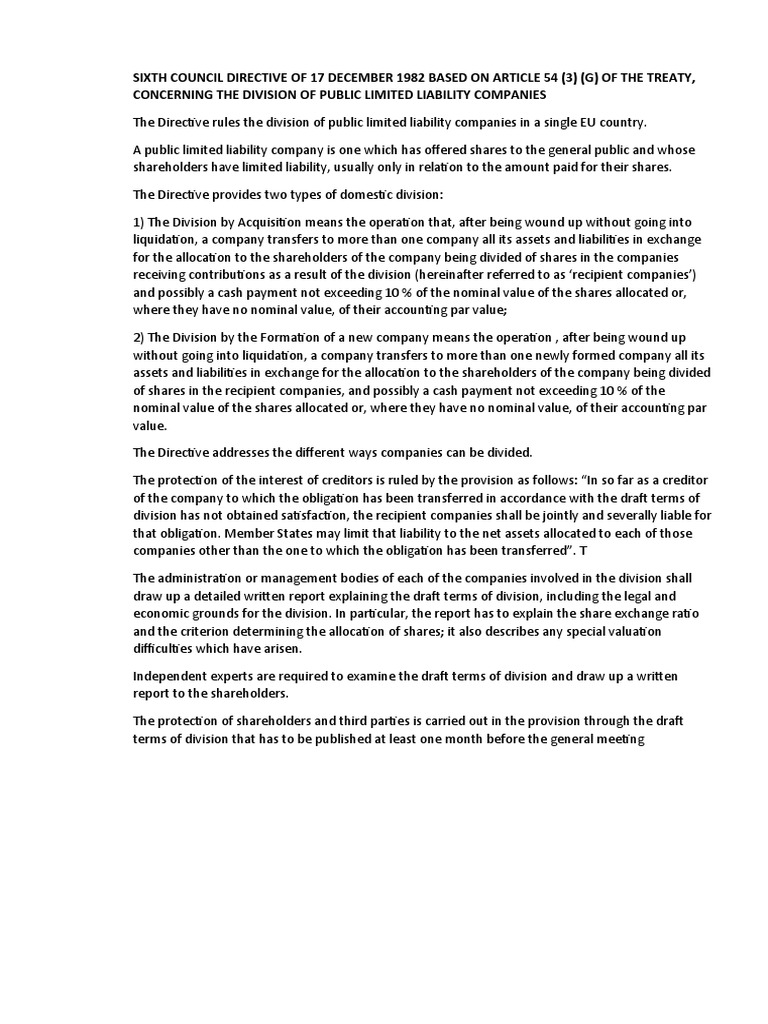 Sixth Council Directive | PDF | Limited Liability | Liquidation