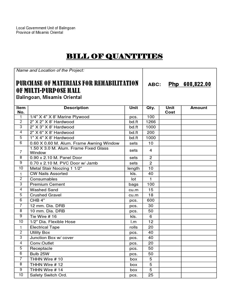 Bill of Quantities PDF | PDF | Economic Sectors | Materials