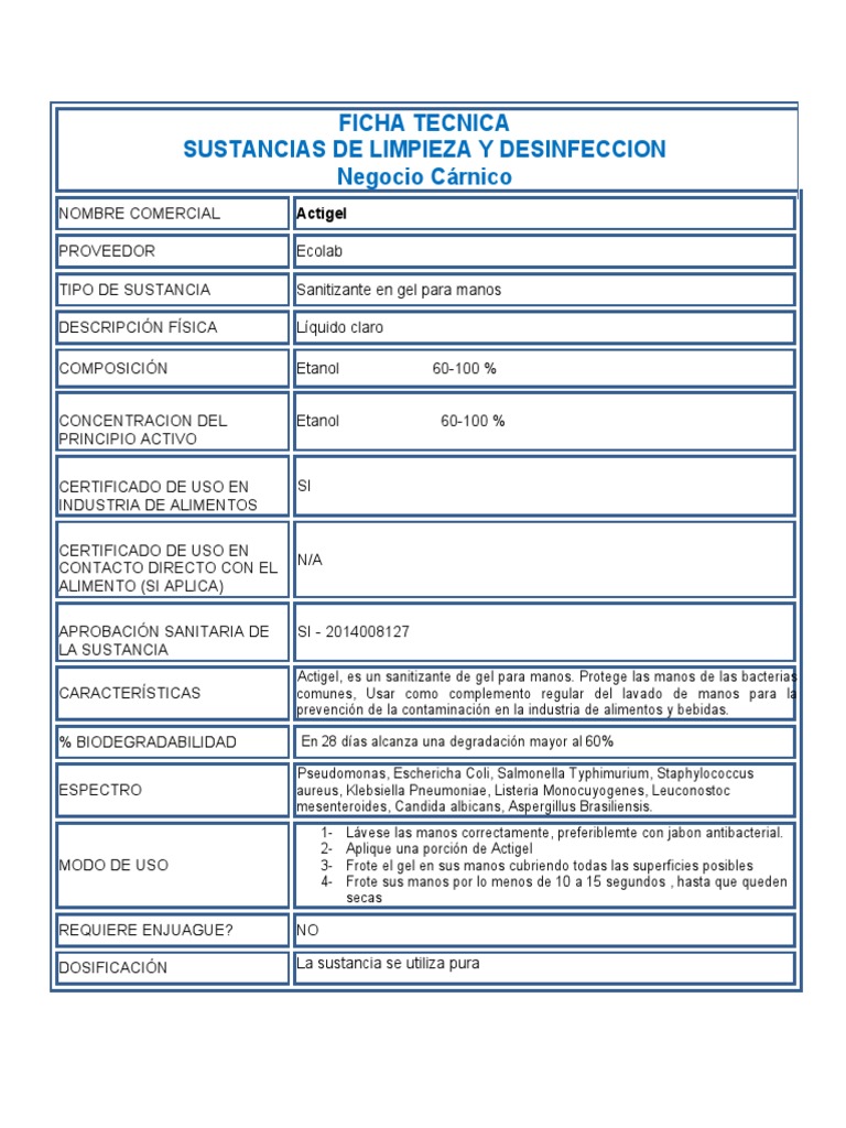 Ficha Tecnica Sust LyD. Actigel | PDF | Residuos | Reciclaje