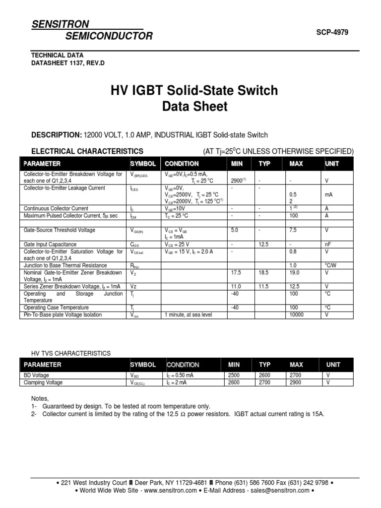 HV IGBT Solid-State Switch Data Sheet: Sensitron Semiconductor | PDF ...