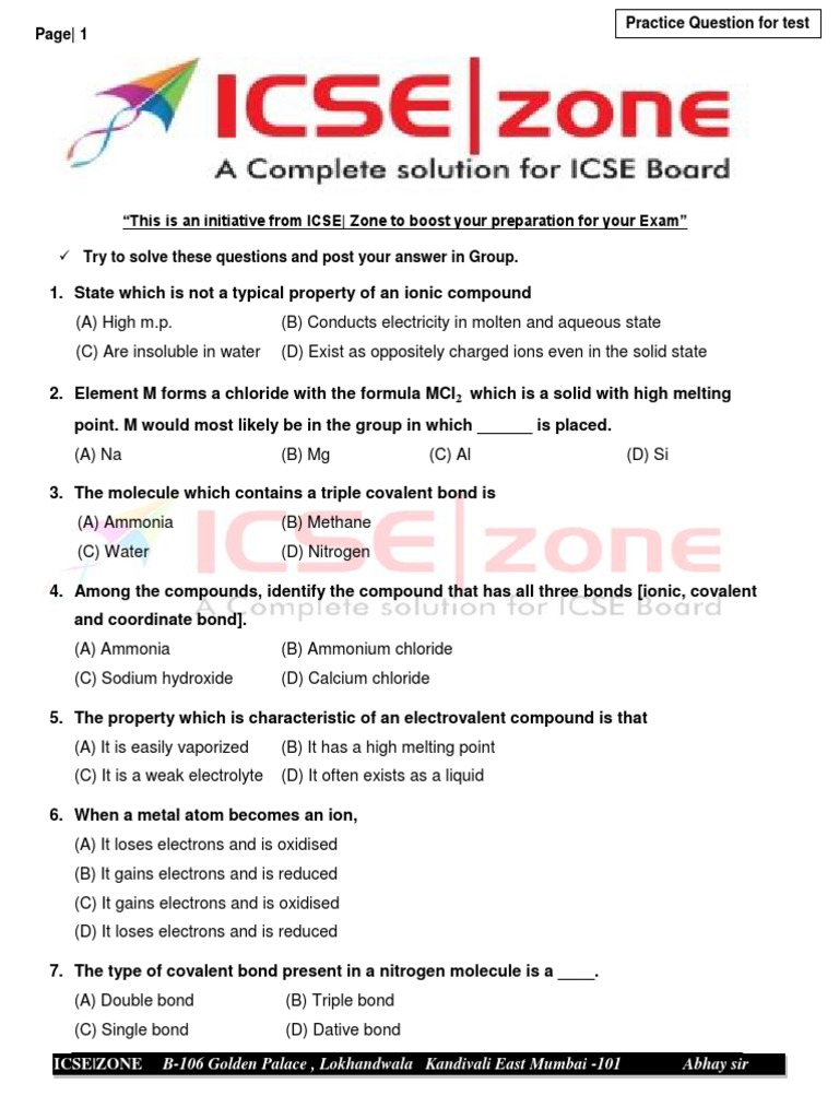 Chemical Bonding Practice Question | PDF | Ionic Bonding | Chemical Bond