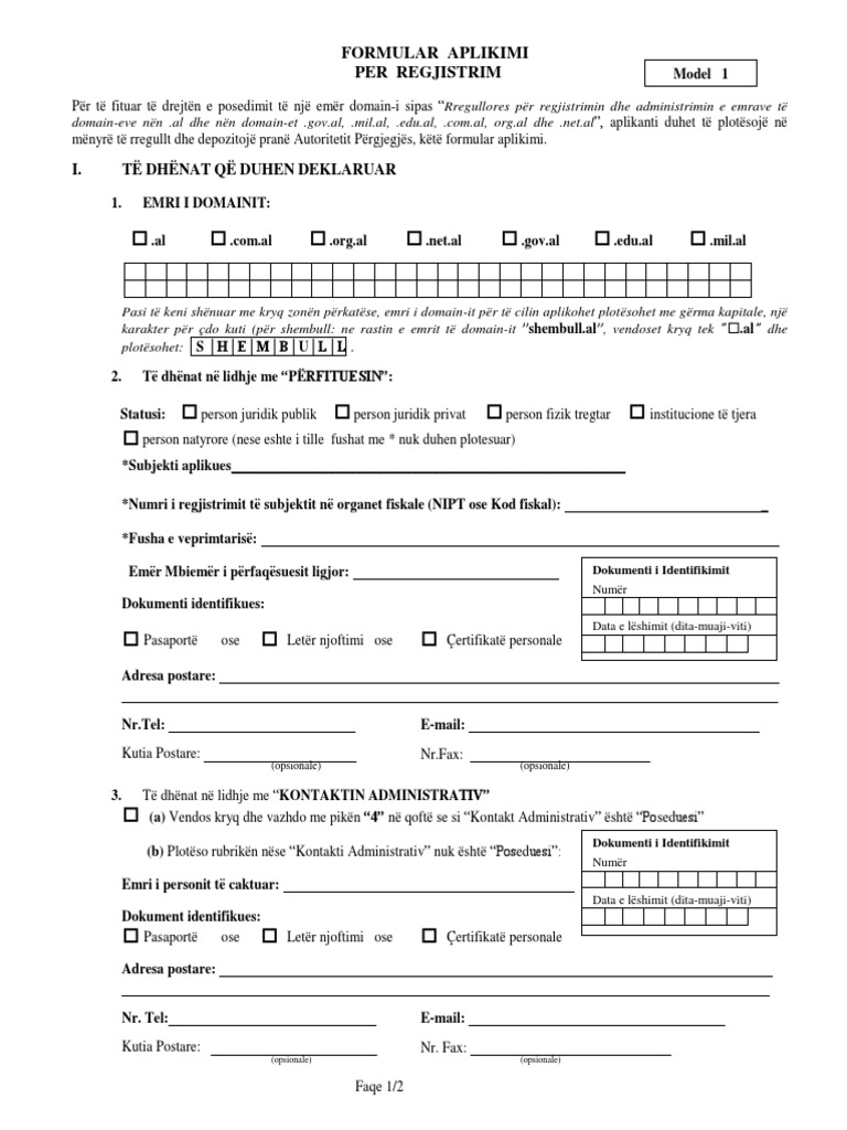 FORMULAR APLIKIMI Model 1 Regjistrim | PDF