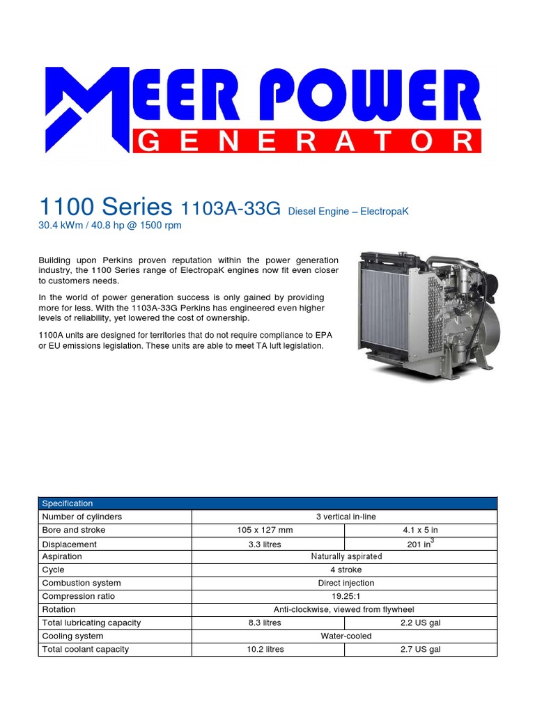1100 Series: Diesel Engine - Electropak 30.4 KWM / 40.8 HP at 1500 RPM ...
