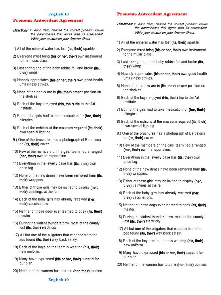 Pronoun-Antecedent Agreement QUIZ | PDF