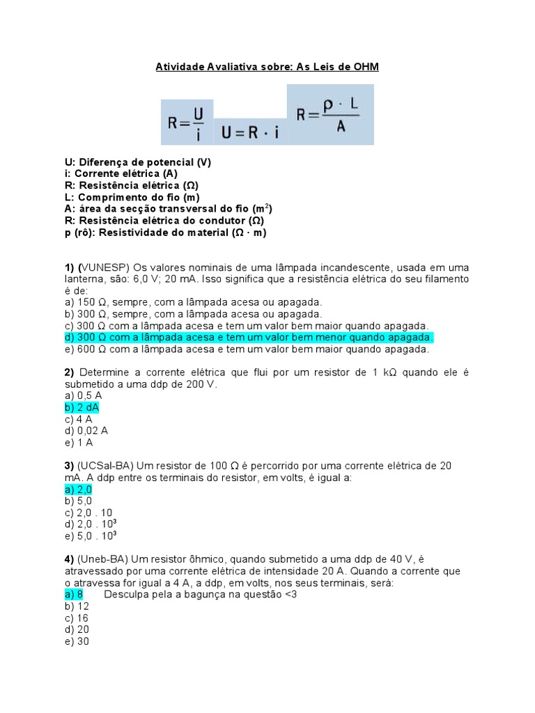 Provinha 1 e 2 Lei de Ohm | PDF | Resistor | Lâmpada incandescente