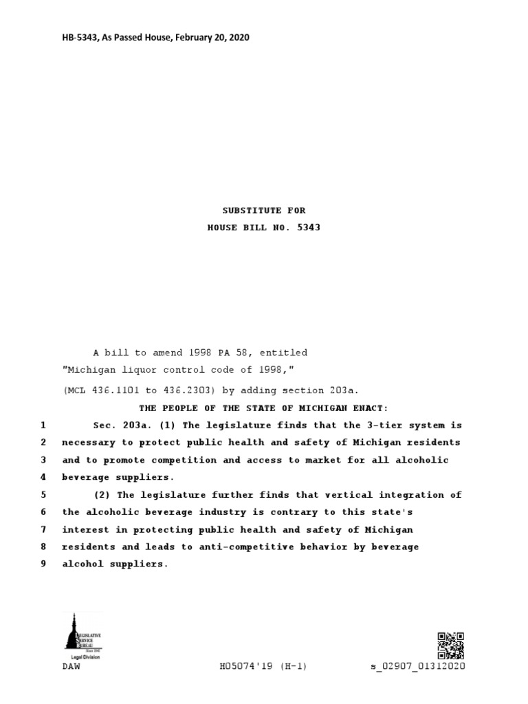 A Bill To Amend 1998 PA 58, Entitled "Michigan Liquor Control Code of ...