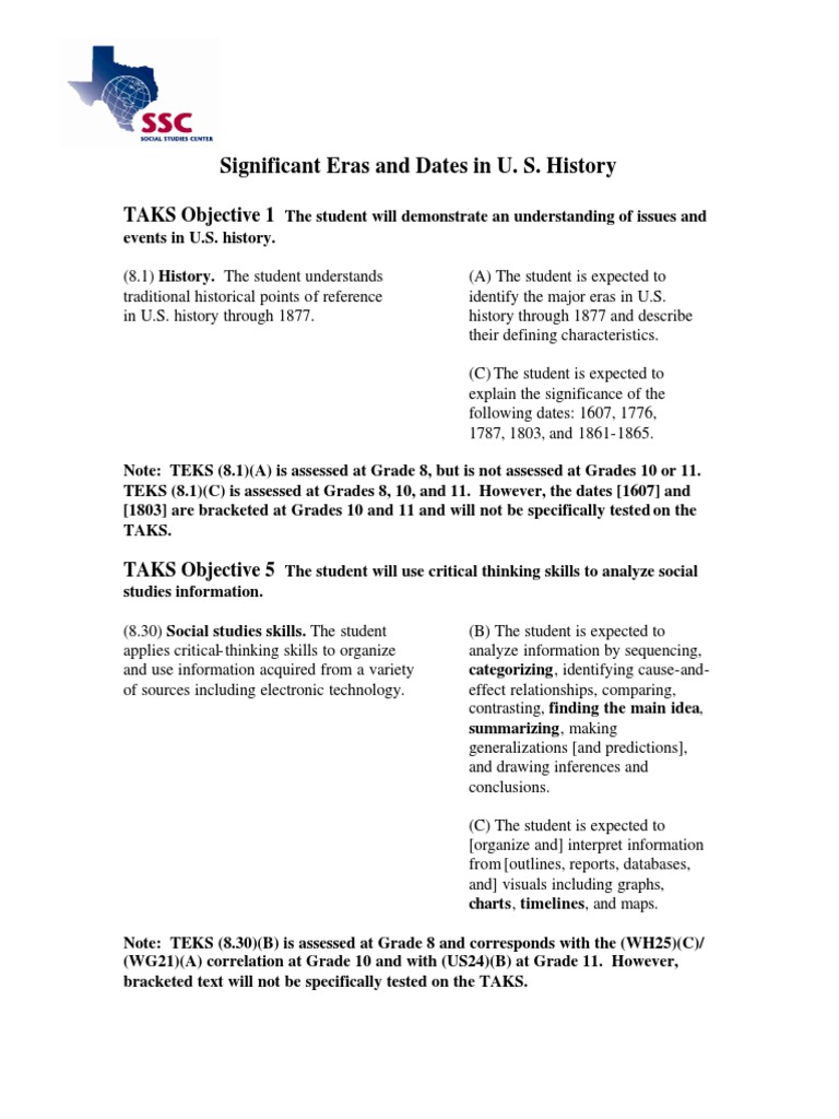 Significant Eras and Dates in U. S. History: TAKS Objective 1 | PDF ...