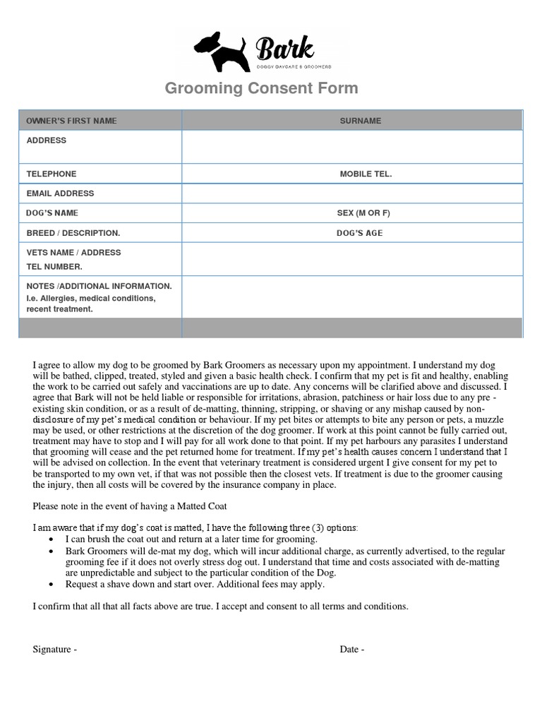 Grooming Consent Form: Owner'S First Name Surname Address | PDF ...