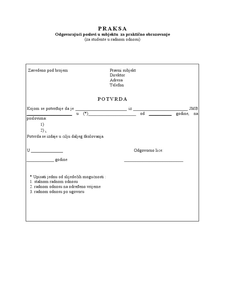 Potvrda Za Praksu | PDF
