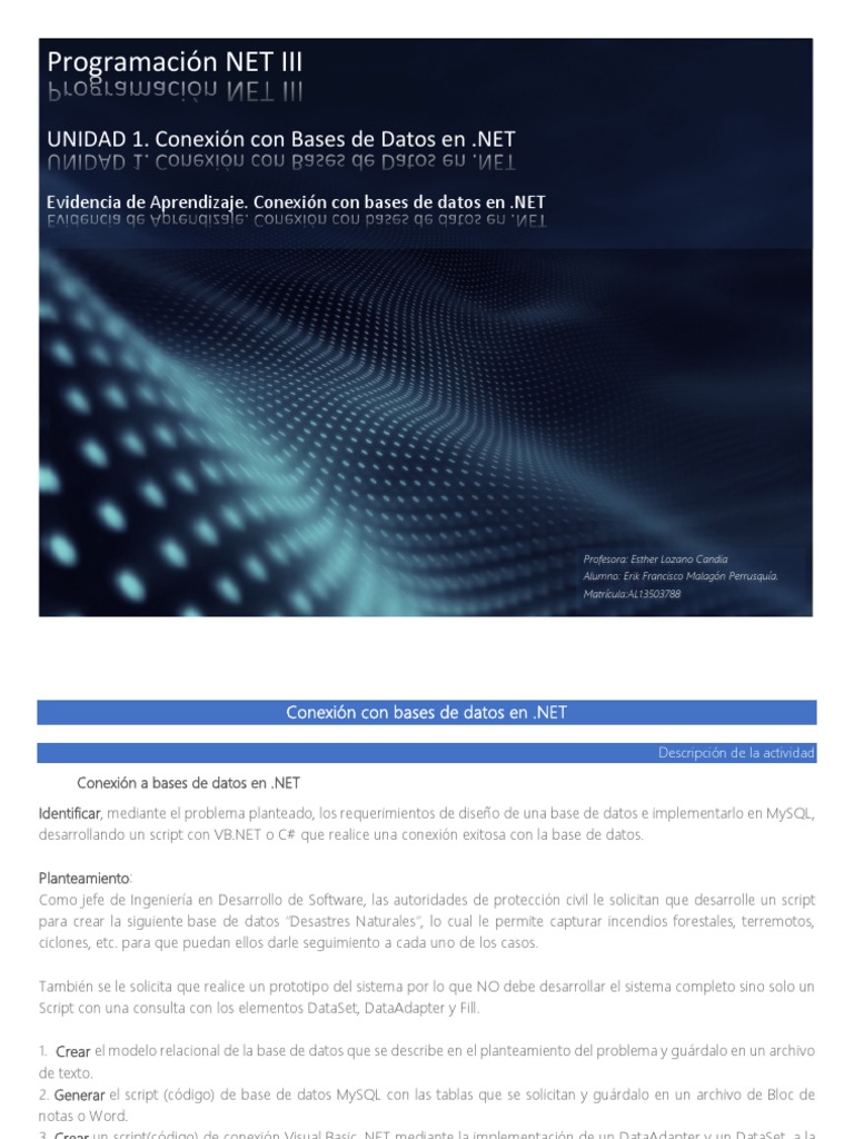 Programación NET III: Profesora: Esther Lozano Candia Alumno: Erik Francisco Malagón Perrusquía ...