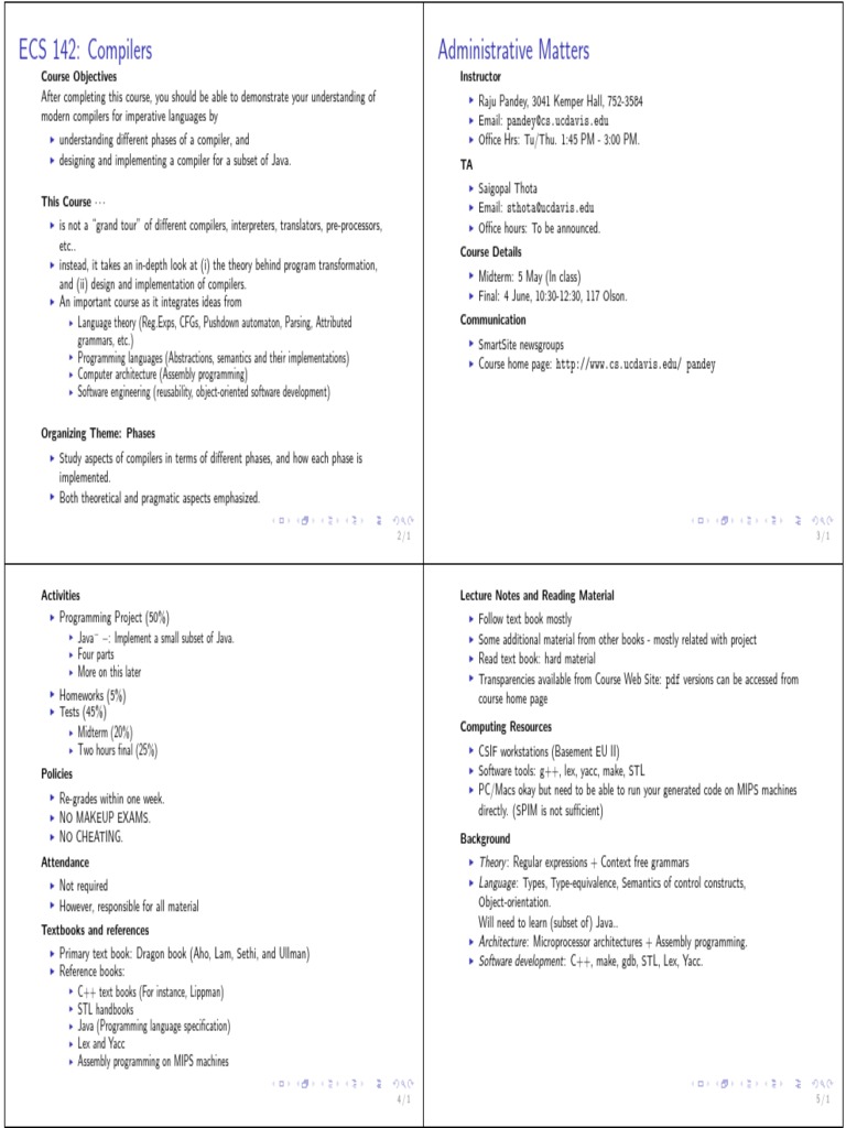 ECS 142: Compilers Administrative Matters: Course Objectives Instructor | PDF | Compiler | Parsing