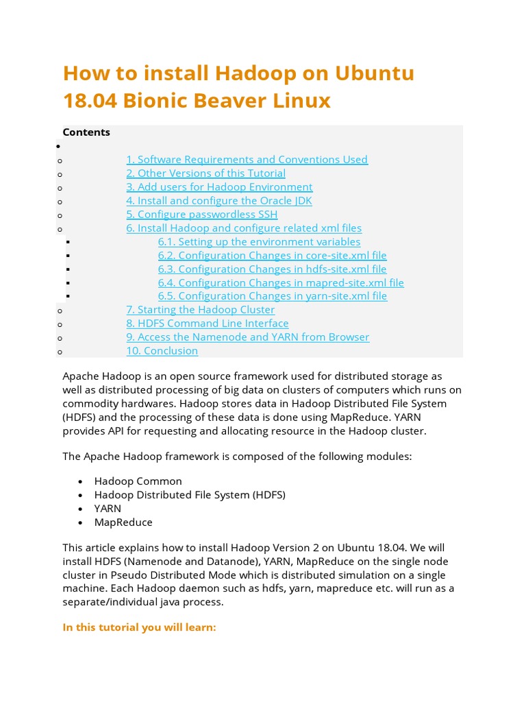 How To Install Hadoop On Ubuntu 18 | PDF | Apache Hadoop | Operating ...