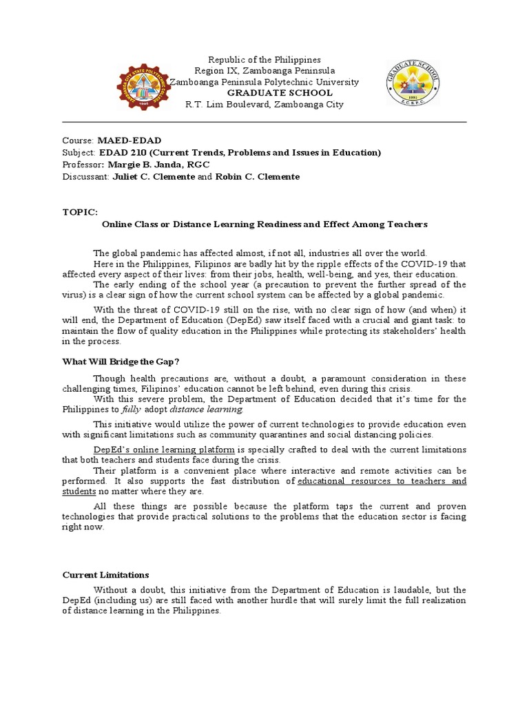 Distance Learning Readiness in the Philippines | PDF | Distance ...