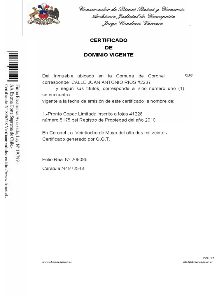 Certificado Dominio Vigente Servicentro | PDF