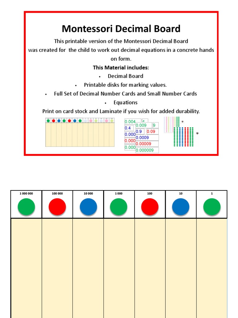 Montessori Decimal Board: This Material Includes | PDF | Home & Garden