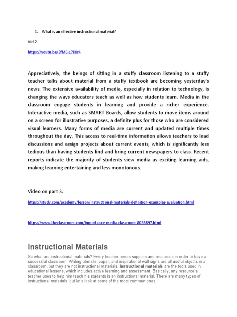Effective Instructional Materials Overview | PDF | Textbook | Classroom