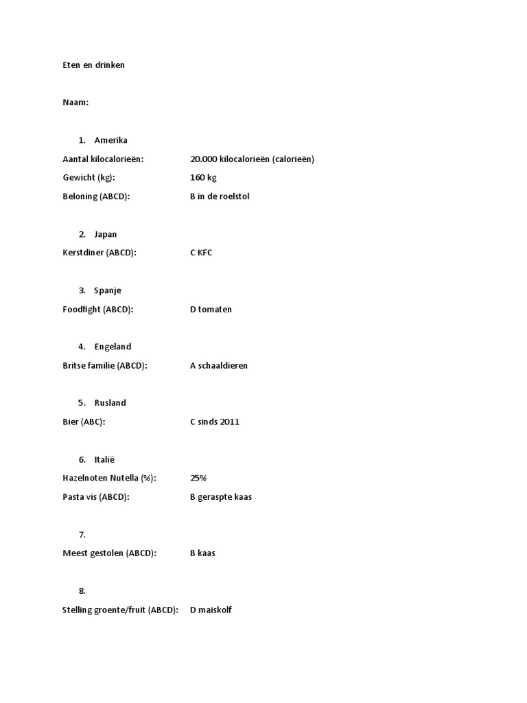 Eten en Drinken Invulformulier | PDF