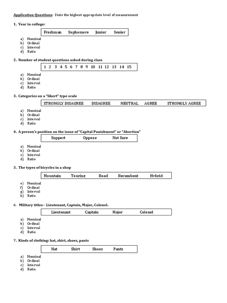 HANDOUT - Levels of Measurement - Nominal Ordinal Interval Ratio | PDF ...
