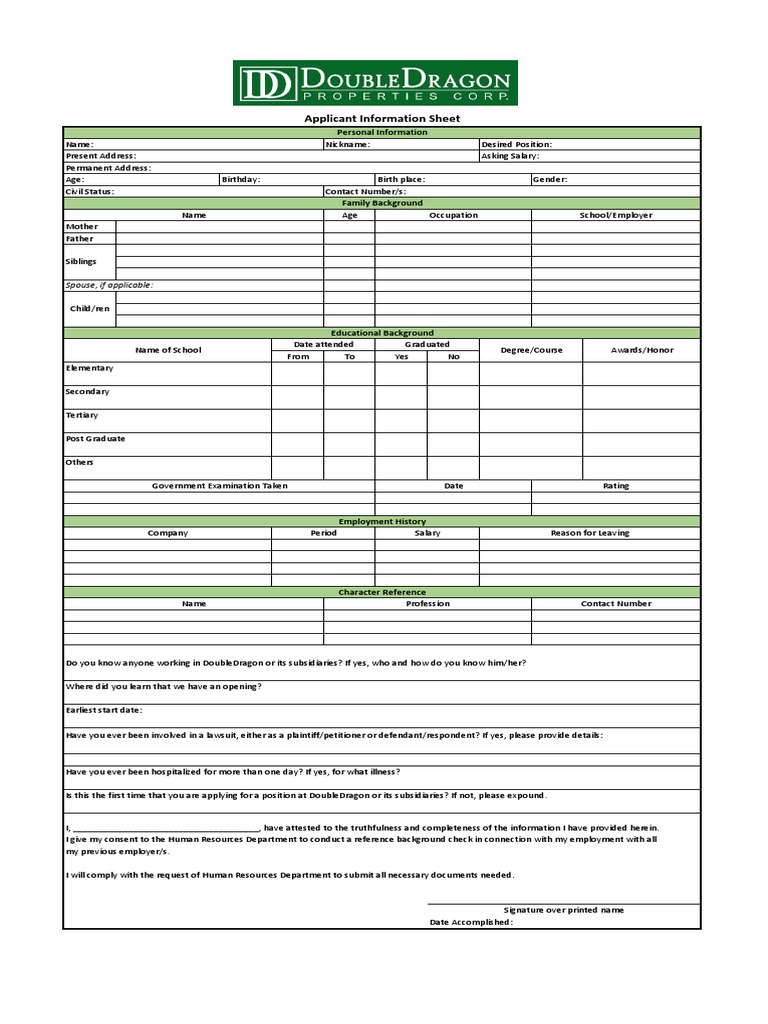 Applicant Information Sheet: Spouse, If Applicable | PDF | Government ...
