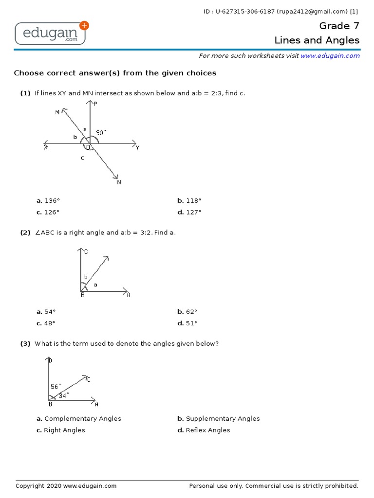 Grade 7 Lines and Angles: Choose Correct Answer(s) From The Given ...