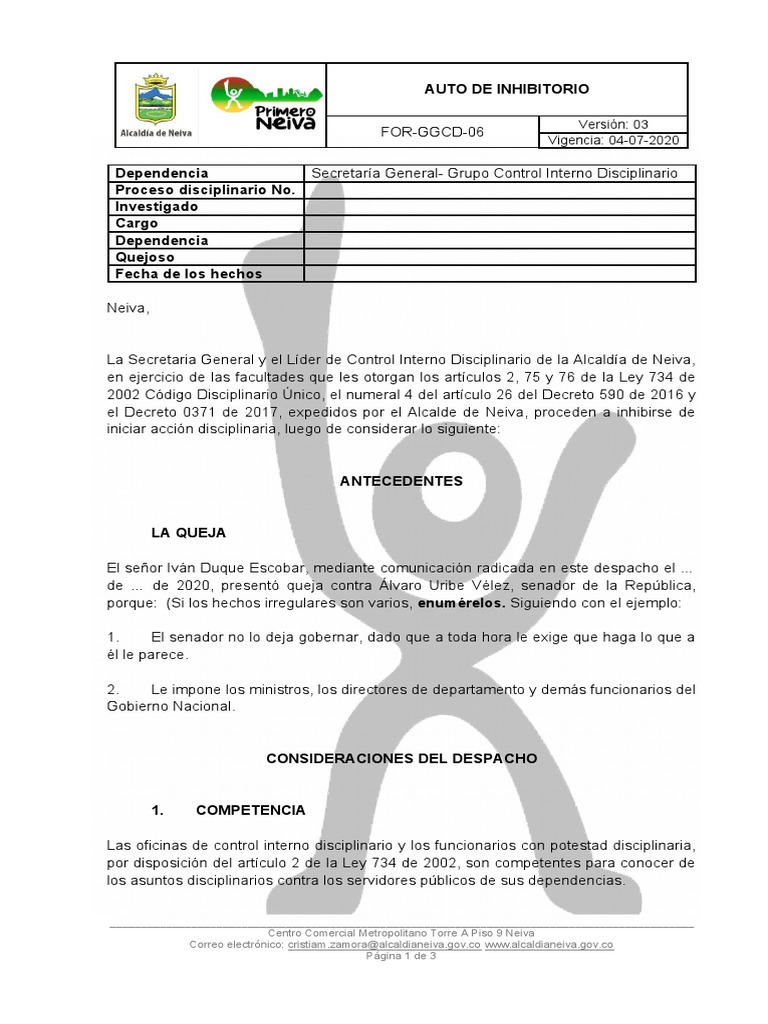 Modelo de Auto INHIBITORIO | PDF | Instituciones sociales | Ciencias ...