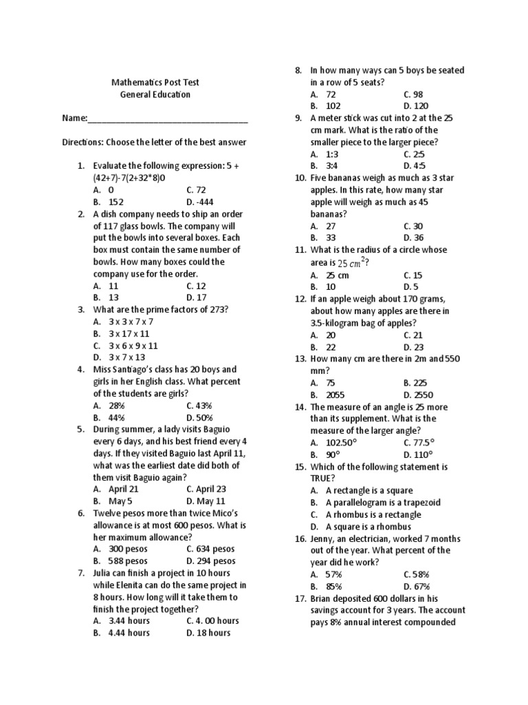 Mathematics Post Test | PDF | Area | Mathematical Concepts