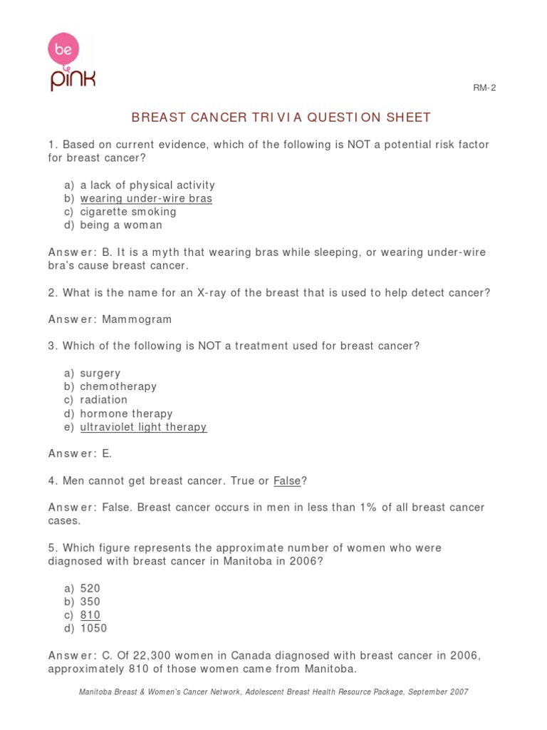 Breast Cancer Trivia Question Sheet | PDF | Breast Cancer | Cancer
