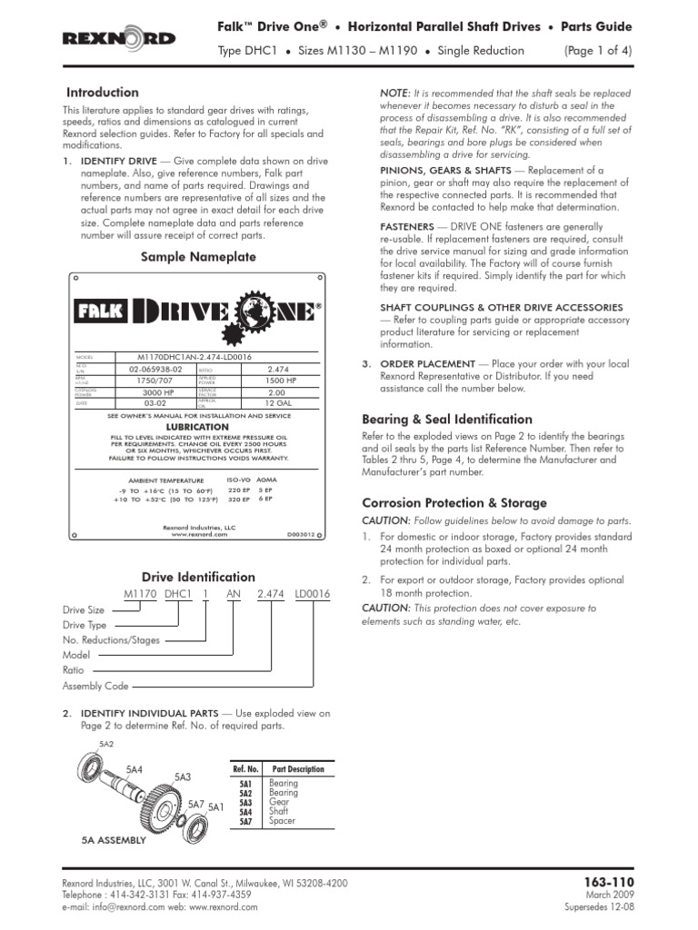 163-110 - Falk Drive One Type DHC1, Sizes M1130-M1190 Shaft Drives ...