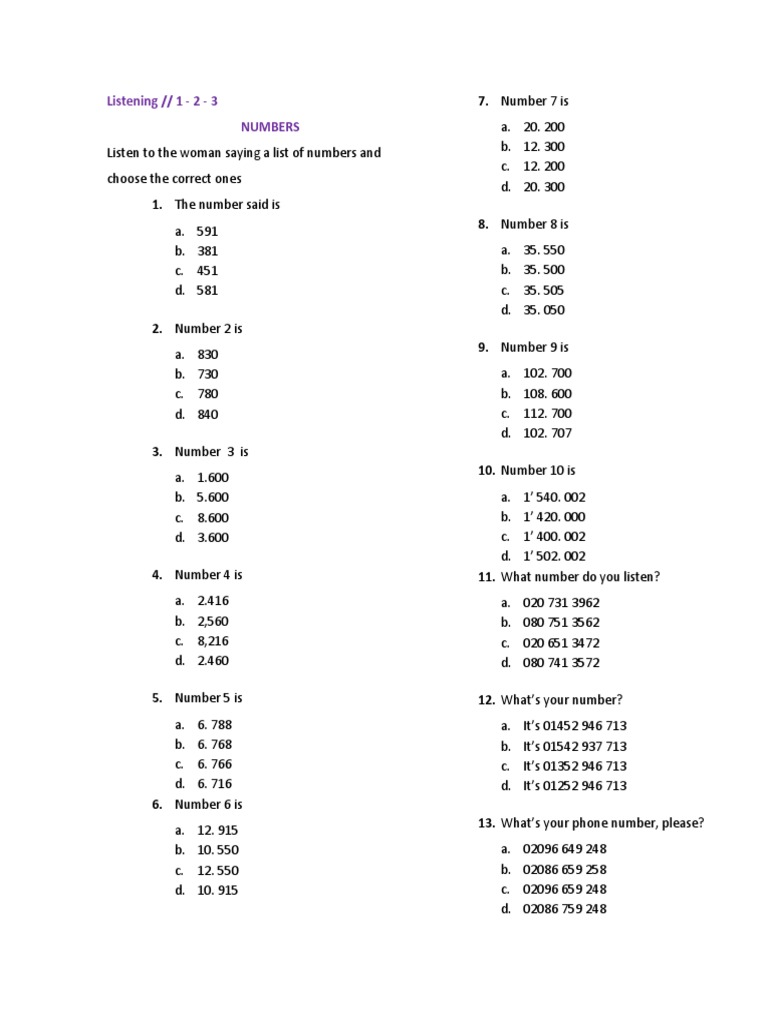 Listening NUMBERS +++++ | PDF