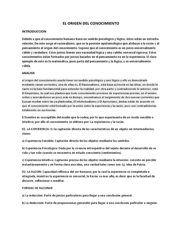 El Origen Del Conocimiento | PDF | Razón | Conocimiento