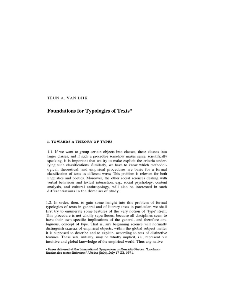 Foundations For Typologies of Texts : 1. Towards A Theory of Types ...