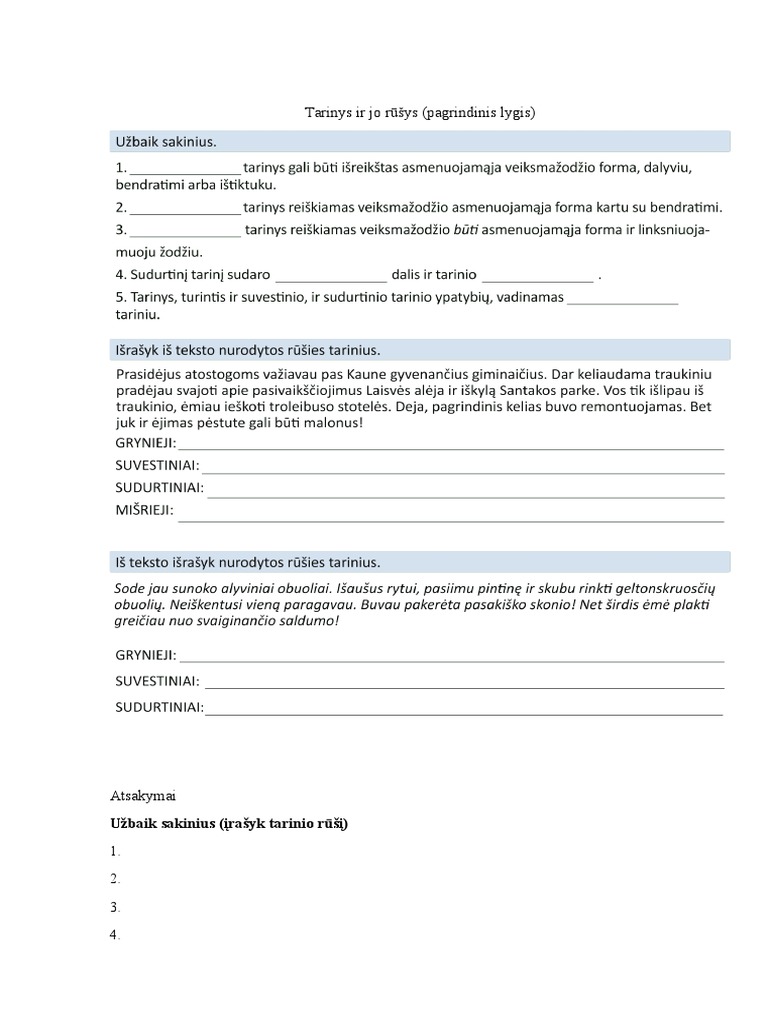 Tarinys Ir Jo Rūšys (Pagrindinis Lygis) : Užbaik Sakinius (Įrašyk ...