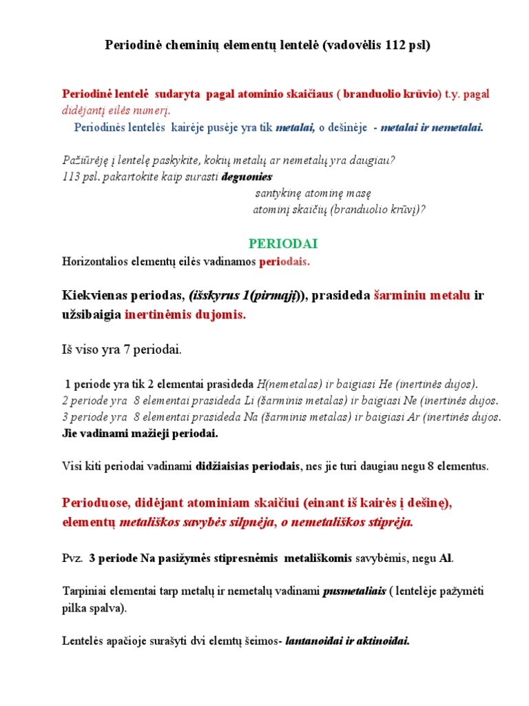 Periodinė Cheminių Elementų Lentelė (Vadovėlis 112 PSL) : Šarminiu ...