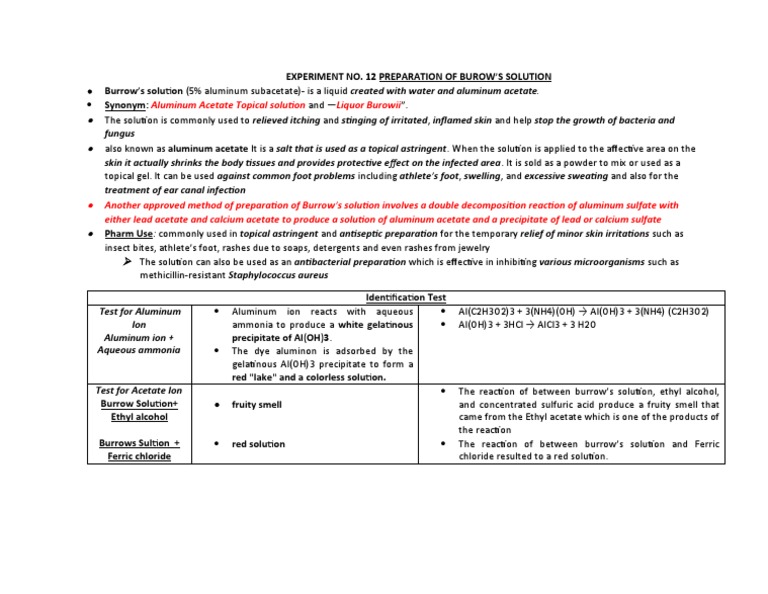Prep. BUROW'S SOLUTION | PDF | Topical Medication | Aluminium